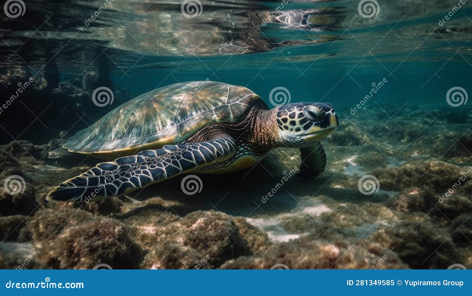 Multi Colored Sea Turtle Swims In Tranquil Underwater Reef Landscape
