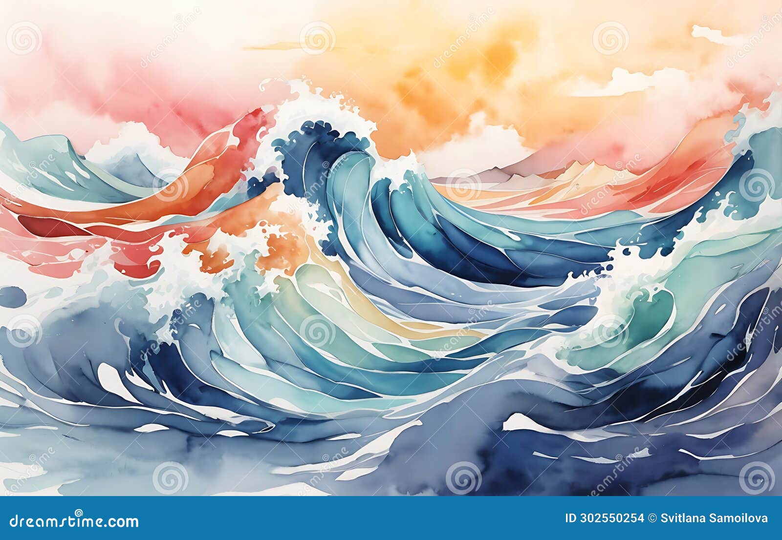 Multi-colored Sea Waves. Watercolor Illustration. Generative AI Stock ...