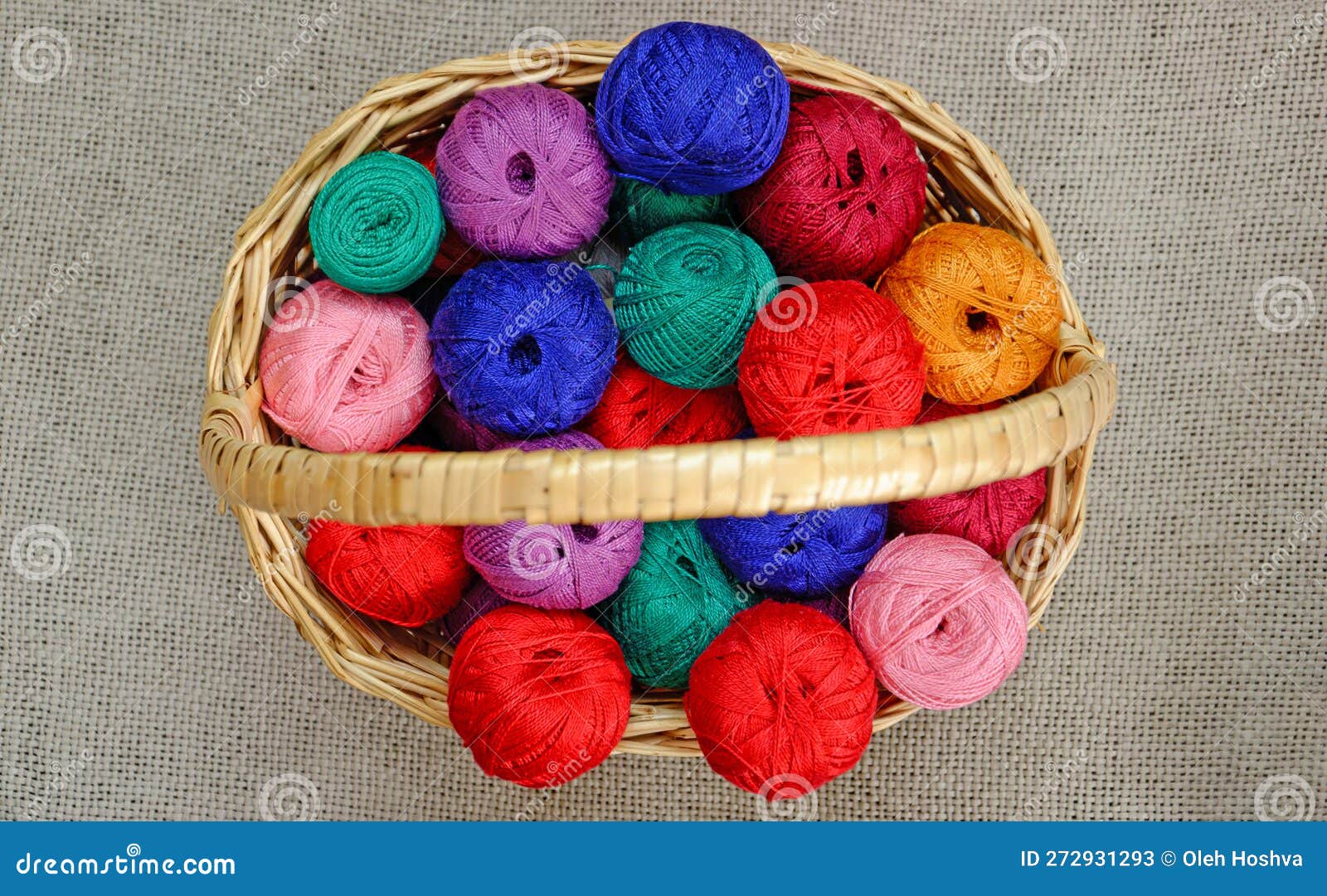 Multi-colored Skeins of Thread in a Wicker Basket, Top View. Stock ...