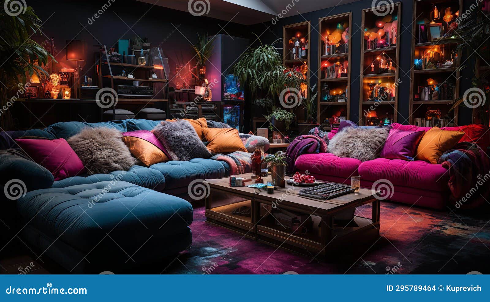 Multi Colored Sofa in Room with Red Violet Lighting Stock Photo - Image ...