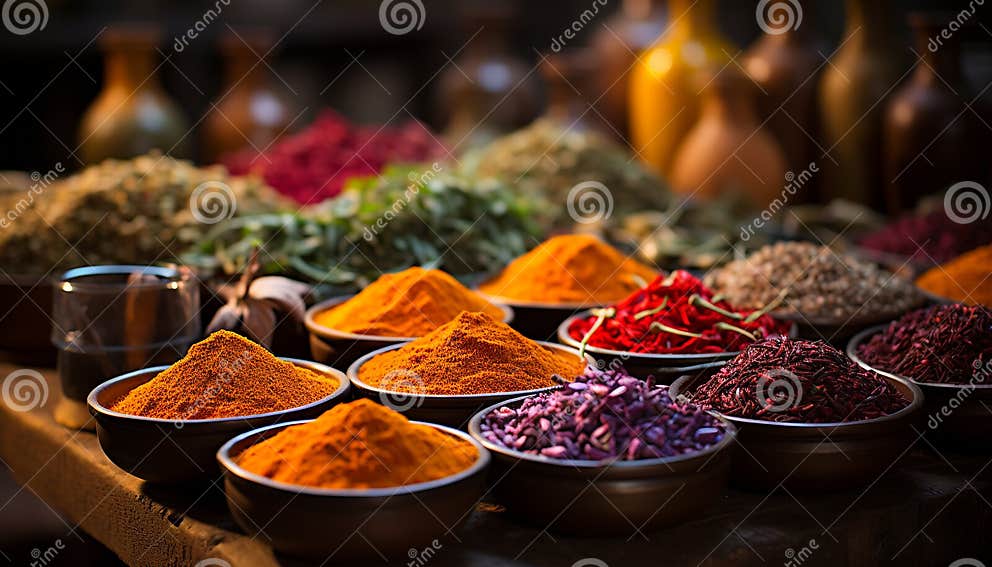 Multi Colored Spice Collection in a Row, Selling in Spice Store ...