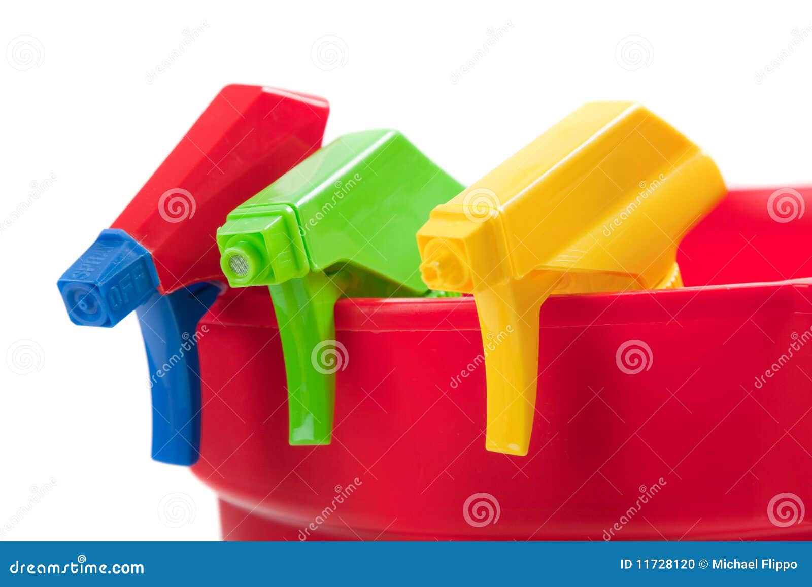 Multi Colored Spray Nozels in a Red Bucket Stock Photo - Image of ...
