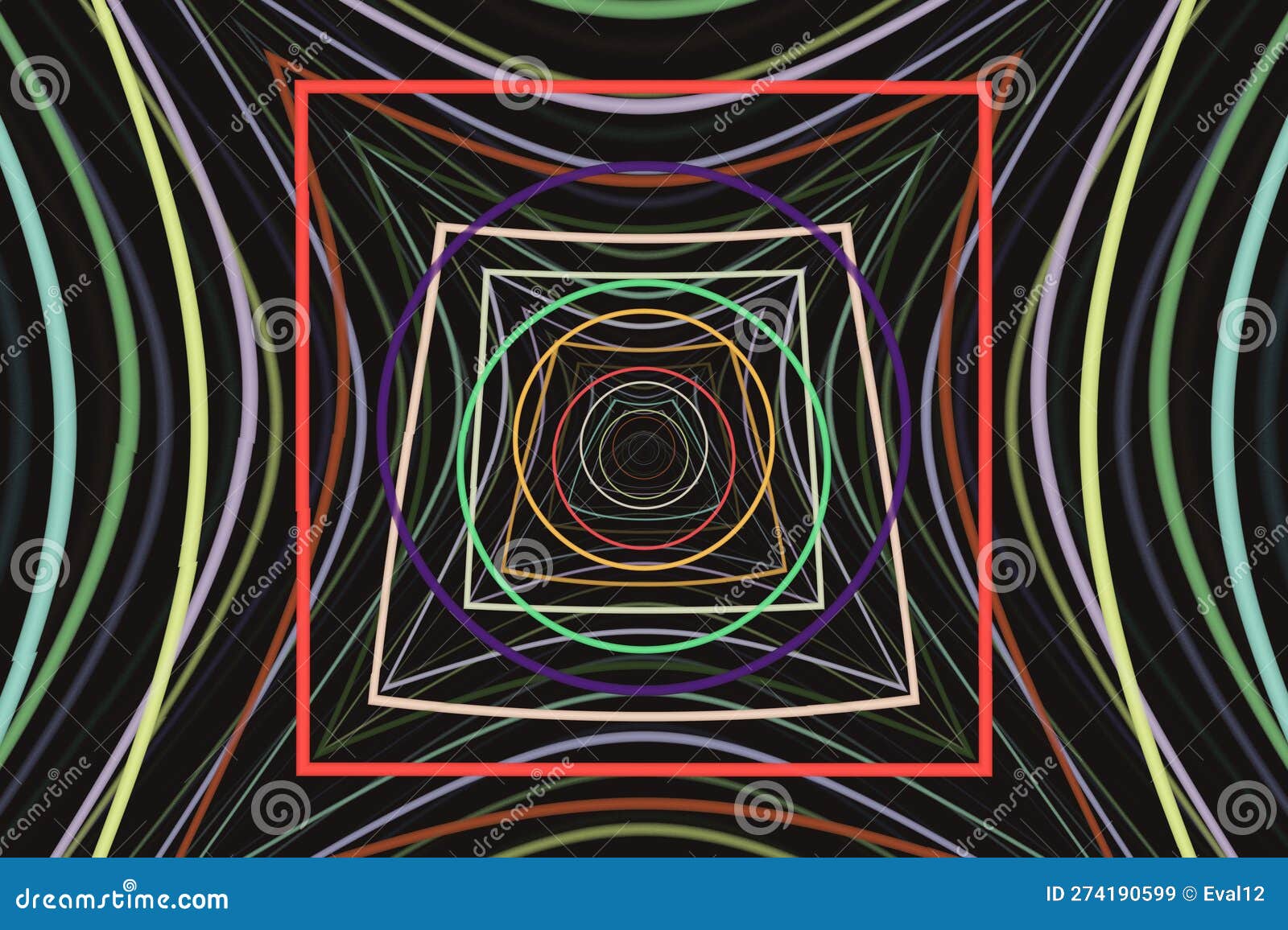 Multi-colored Square Motley Pattern of Curved Lines on a Black ...