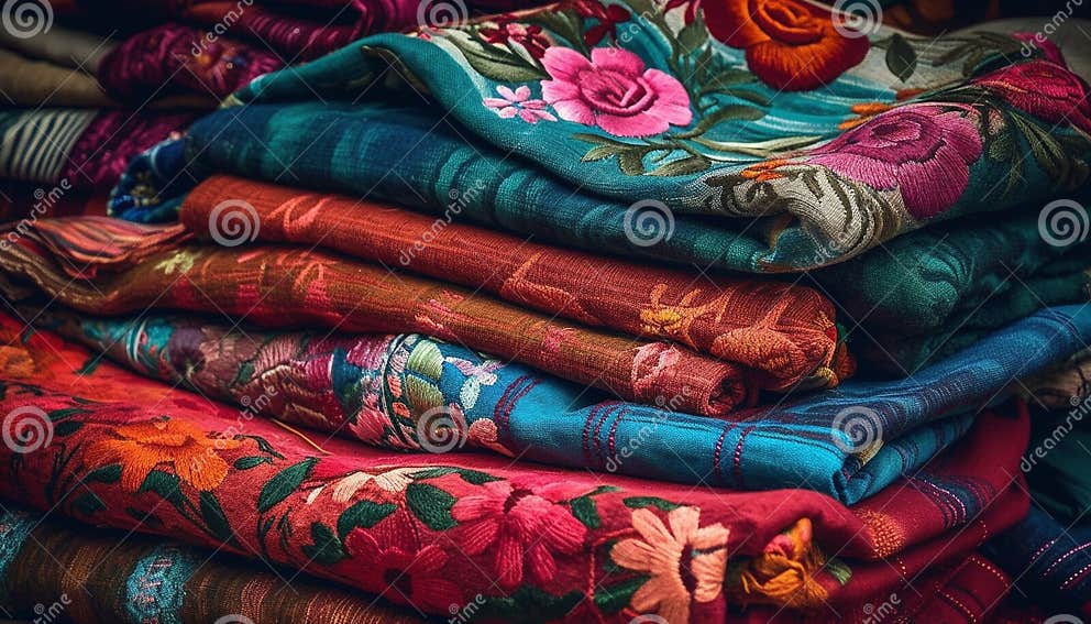 Multi Colored Textiles Stack, Woven with Elegance, Vibrant Patterns and ...