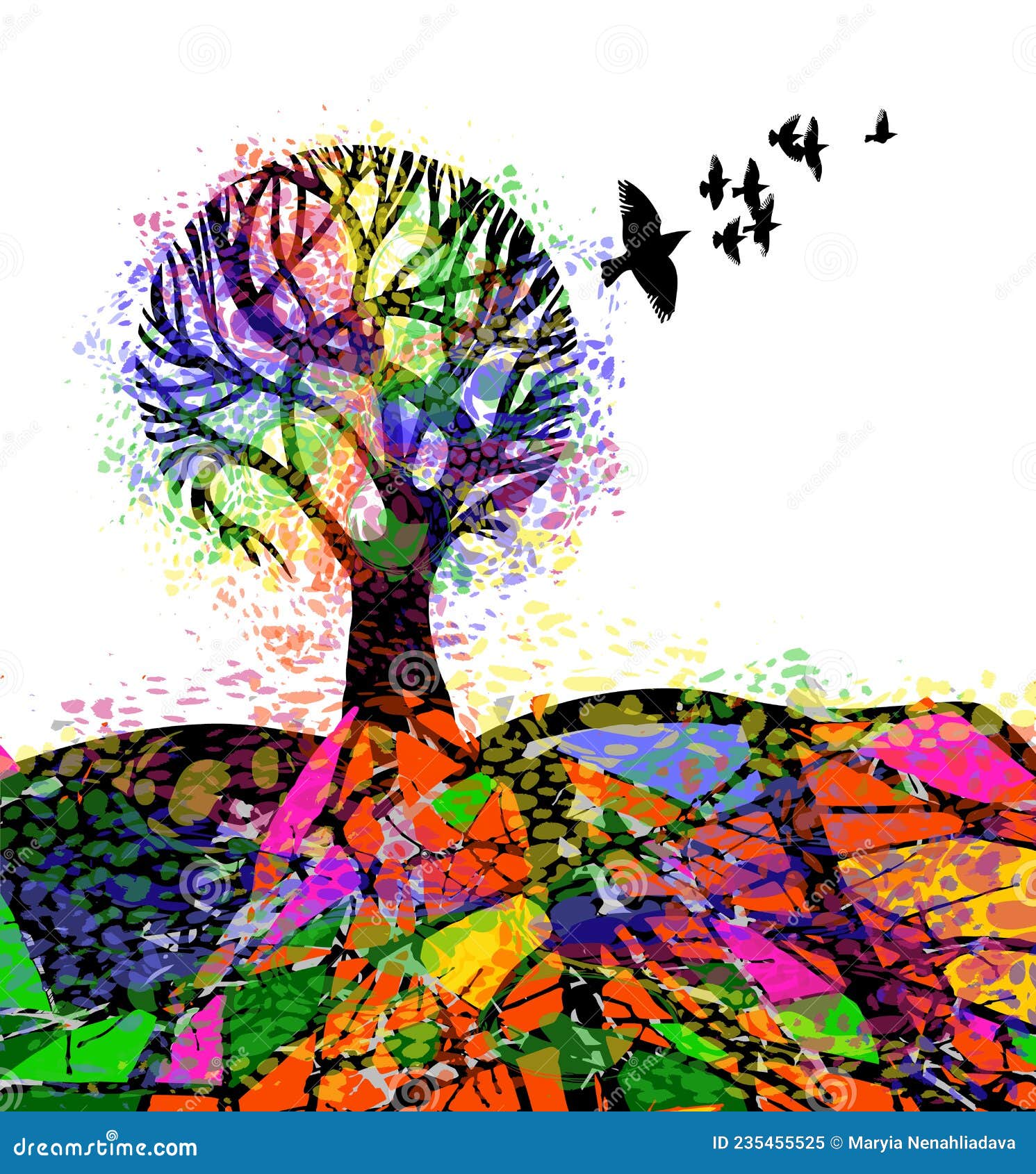 Abstract Multi-colored Tree with Flying Birds. Vector Illustration ...