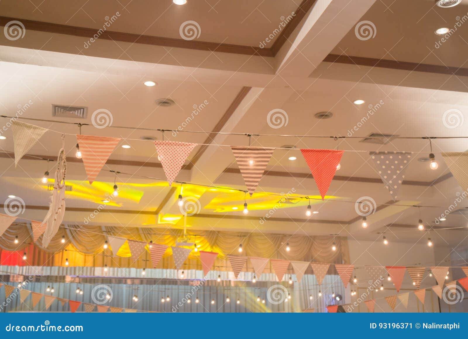 Multi Colored Triangle Flags Hanging Indoor Party Stock Image - Image ...