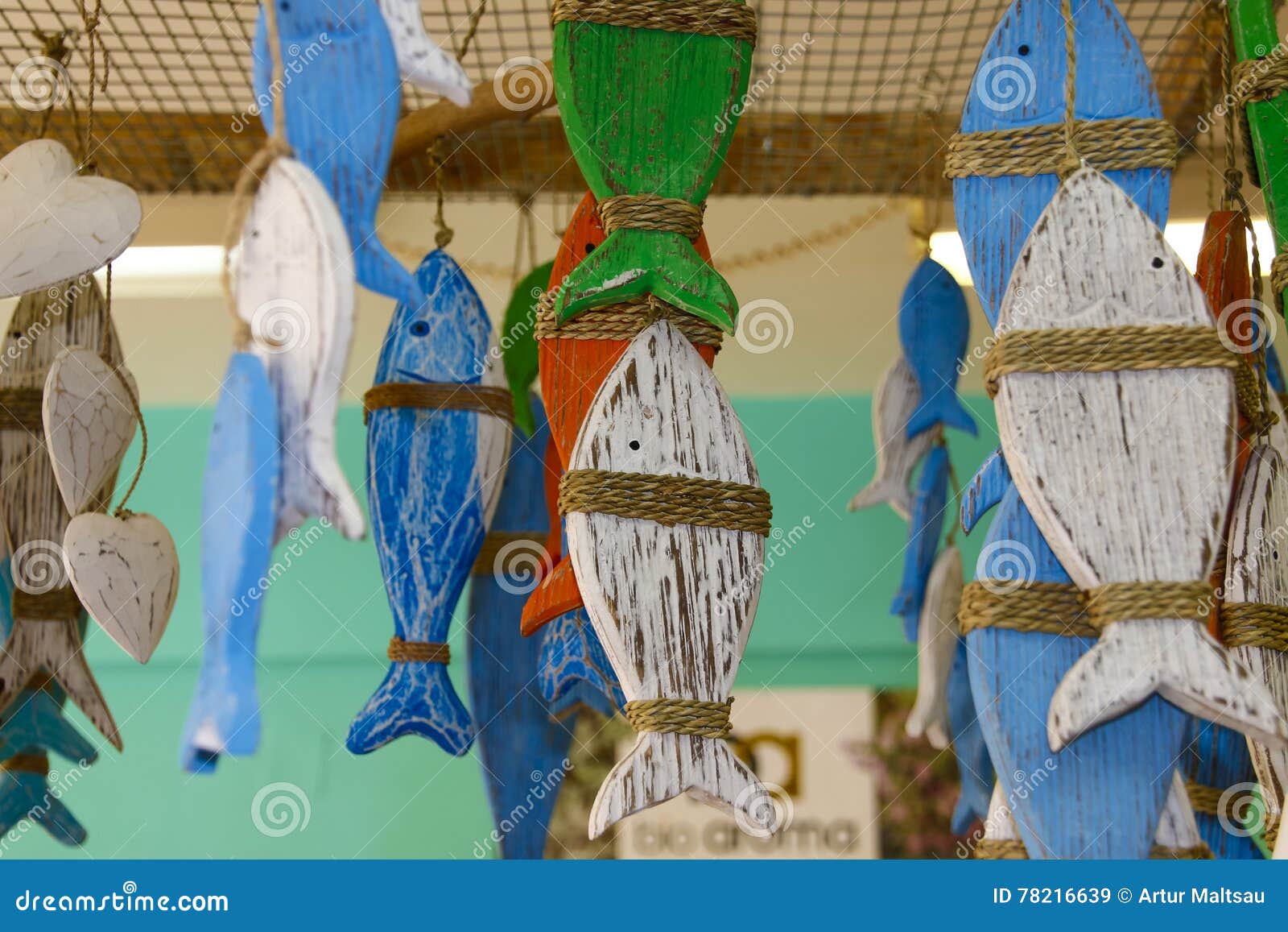 Multi-colored Wooden Fish Hanging from the Ceiling Stock Image - Image ...
