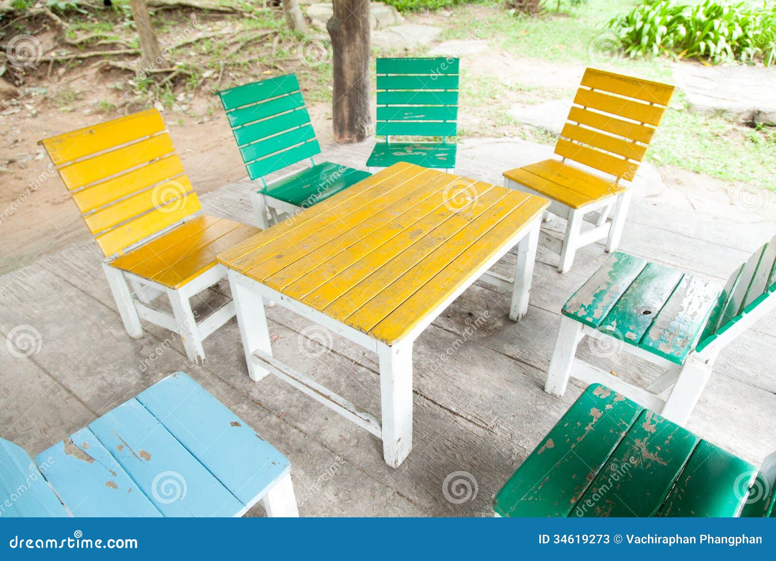 Multi-colored Wooden Table and Chairs. Stock Image - Image of house ...