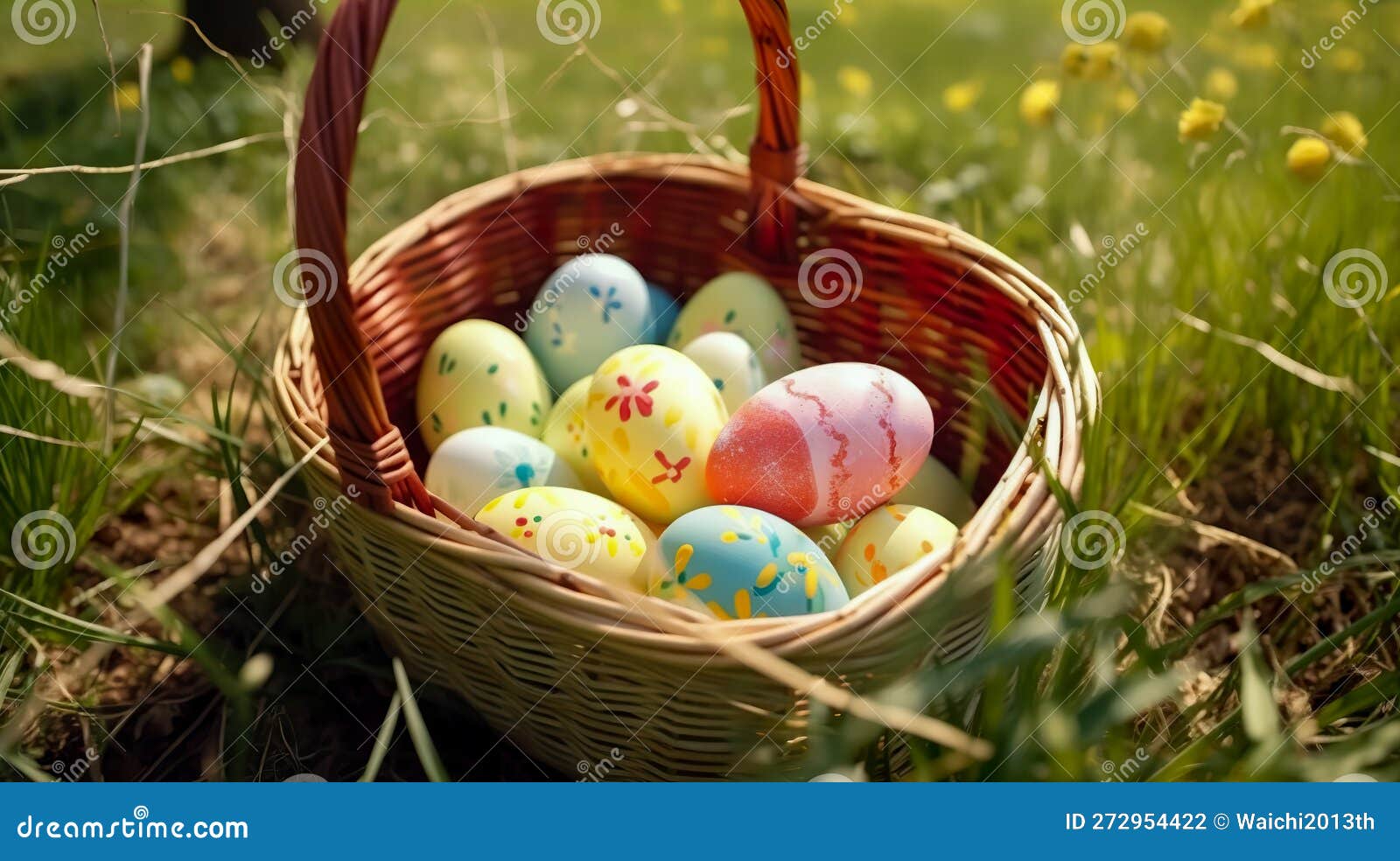 Multi Colors Easter Eggs in the Woven Basket. Pastel Color Easter Eggs ...
