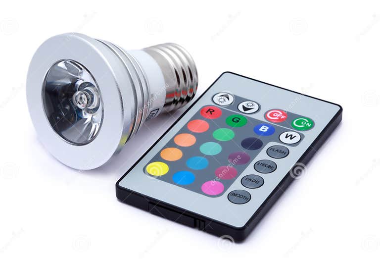 Multi Colour LED Light Bulb and Remote Control Stock Image - Image of ...