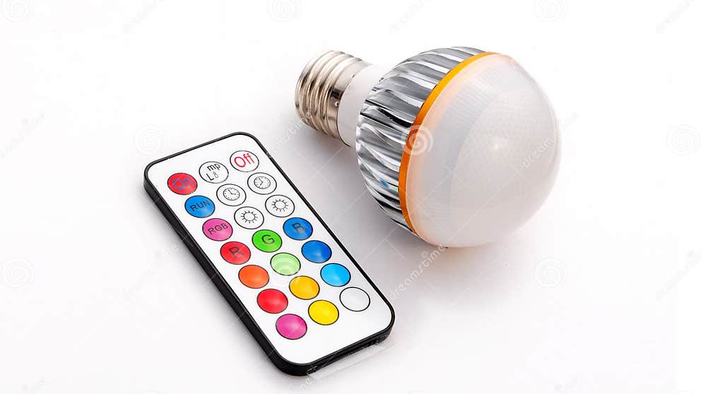Multi Colour LED Light Bulb and Remote Control Stock Image - Image of ...