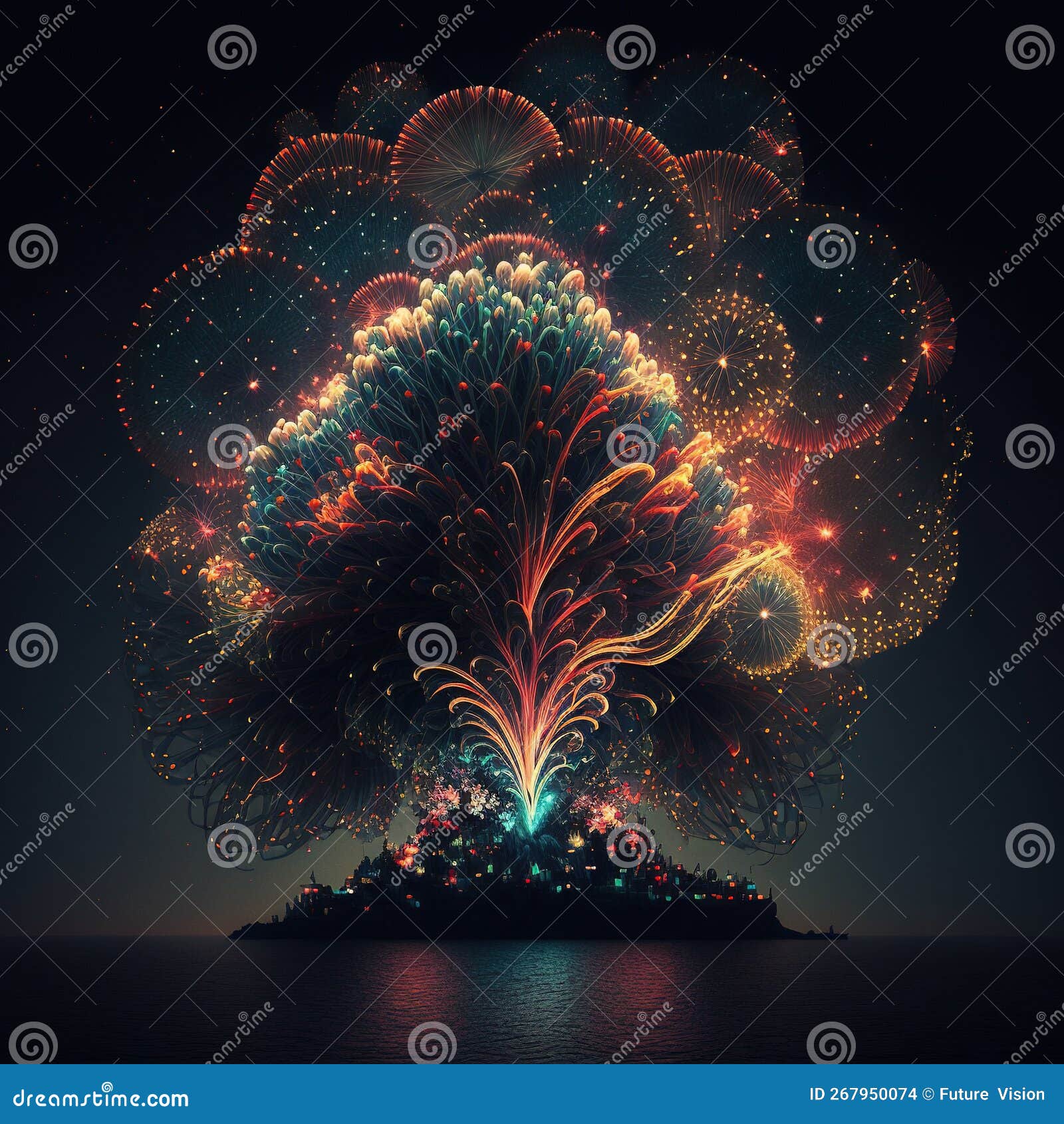 Multi Coloured Fireworks Exploding Over Cityscape, Created Using ...