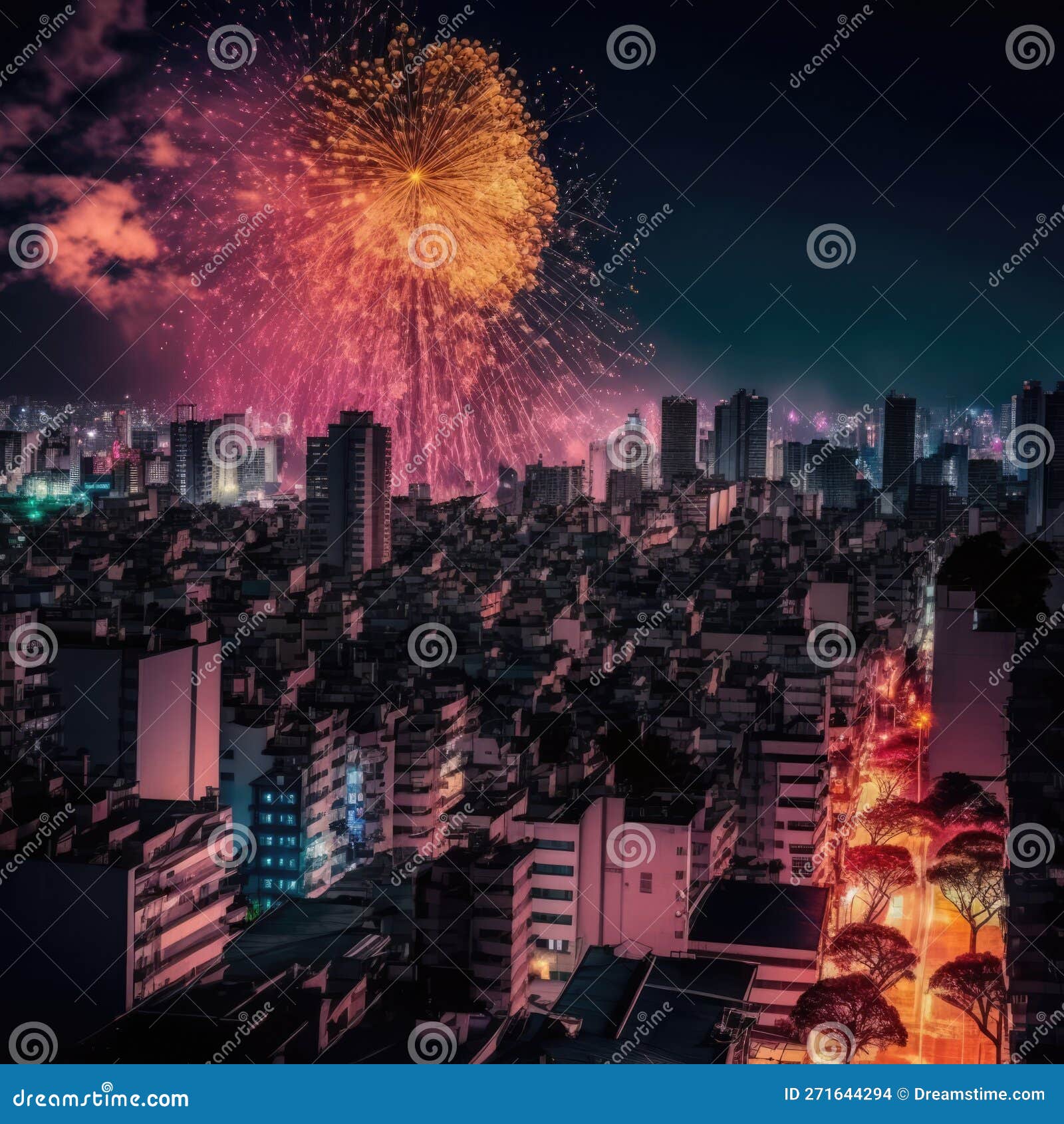 Multi Coloured Fireworks Exploding Over Cityscape, Created Using ...