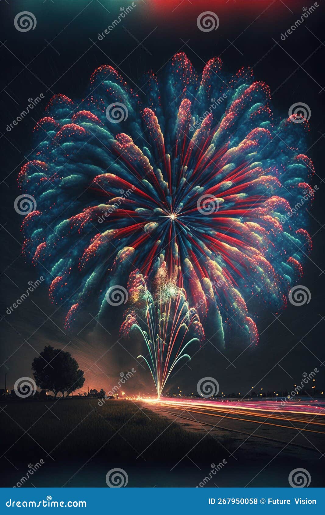 Multi Coloured Fireworks Exploding Over Landscape, Created Using ...