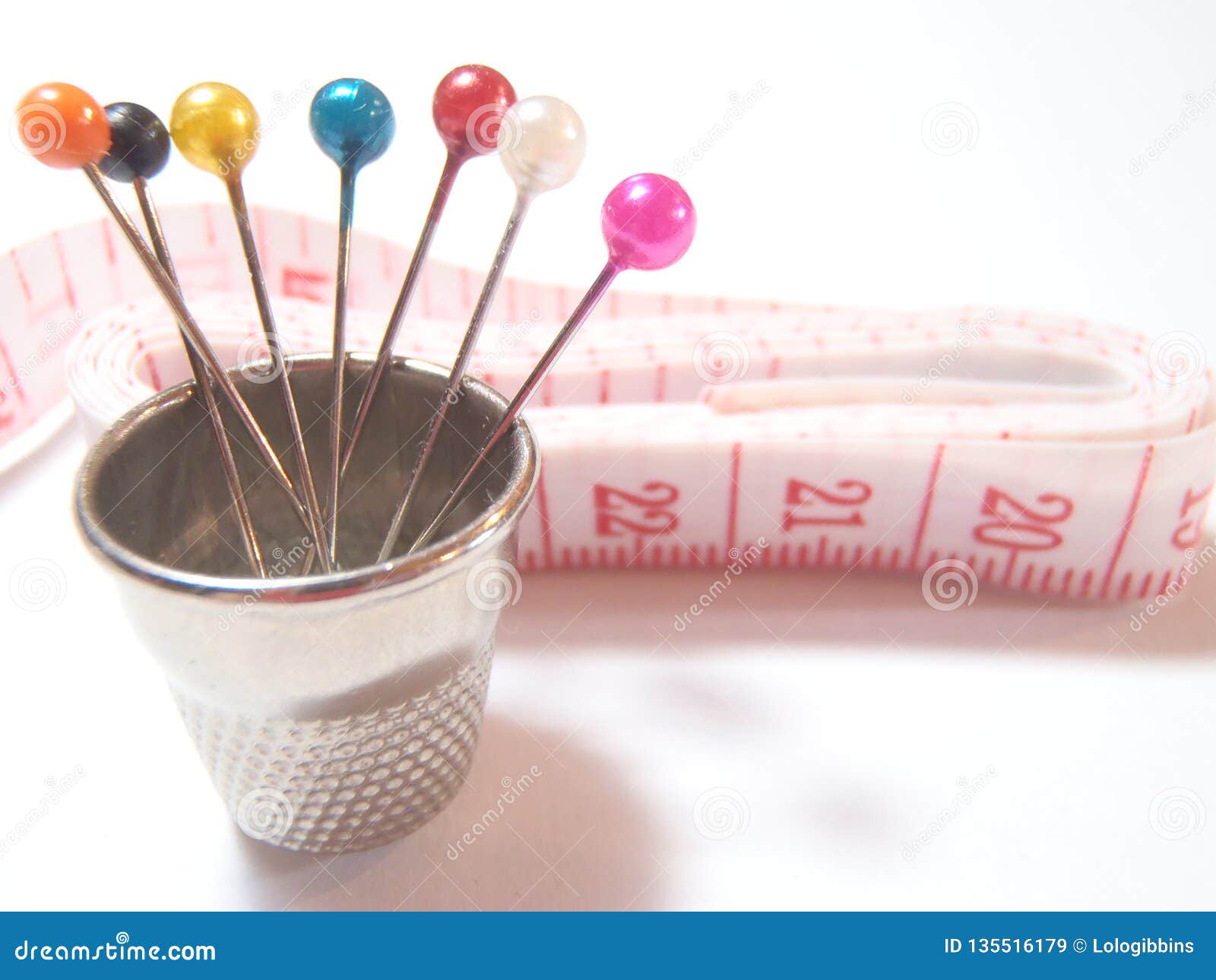 Multi Coloured Headed Sewing Pins in a Metal Thimble with a Measure ...