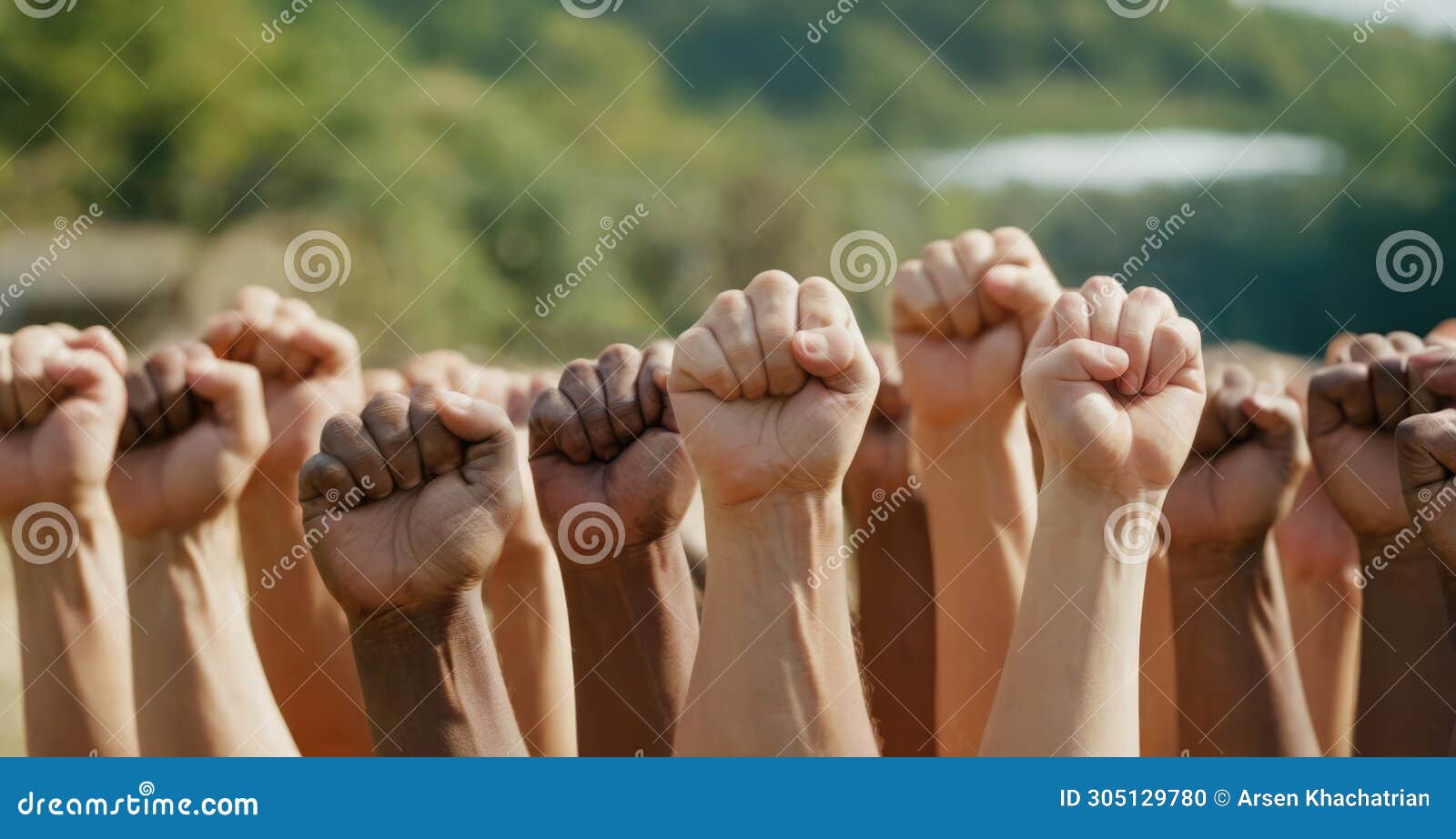 The Multi-ethnic Crowd of People Raised Their Fists in the Air. Stock ...