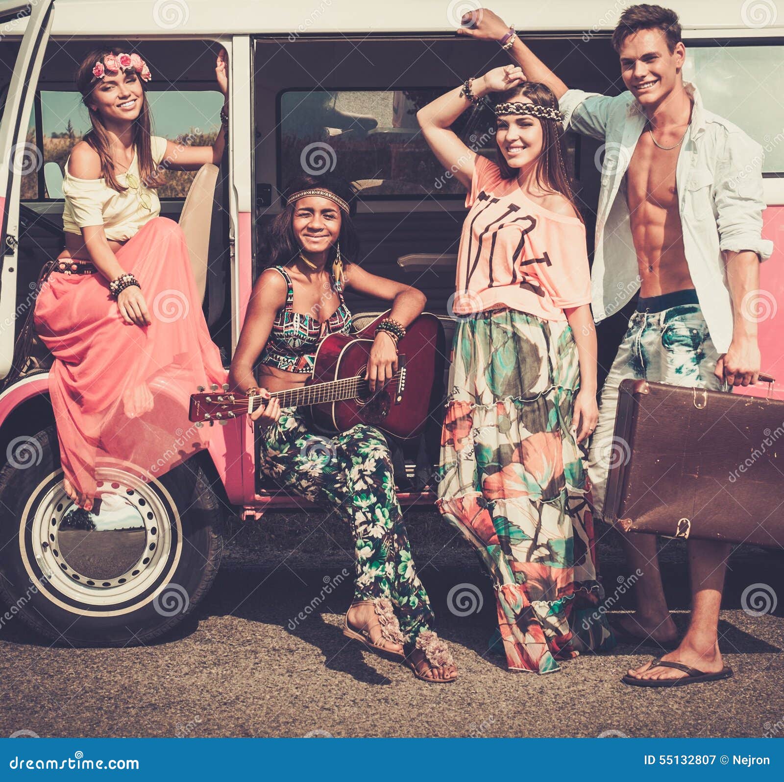 Multi-ethnic Hippie Friends on a Road Trip Stock Image - Image of group ...