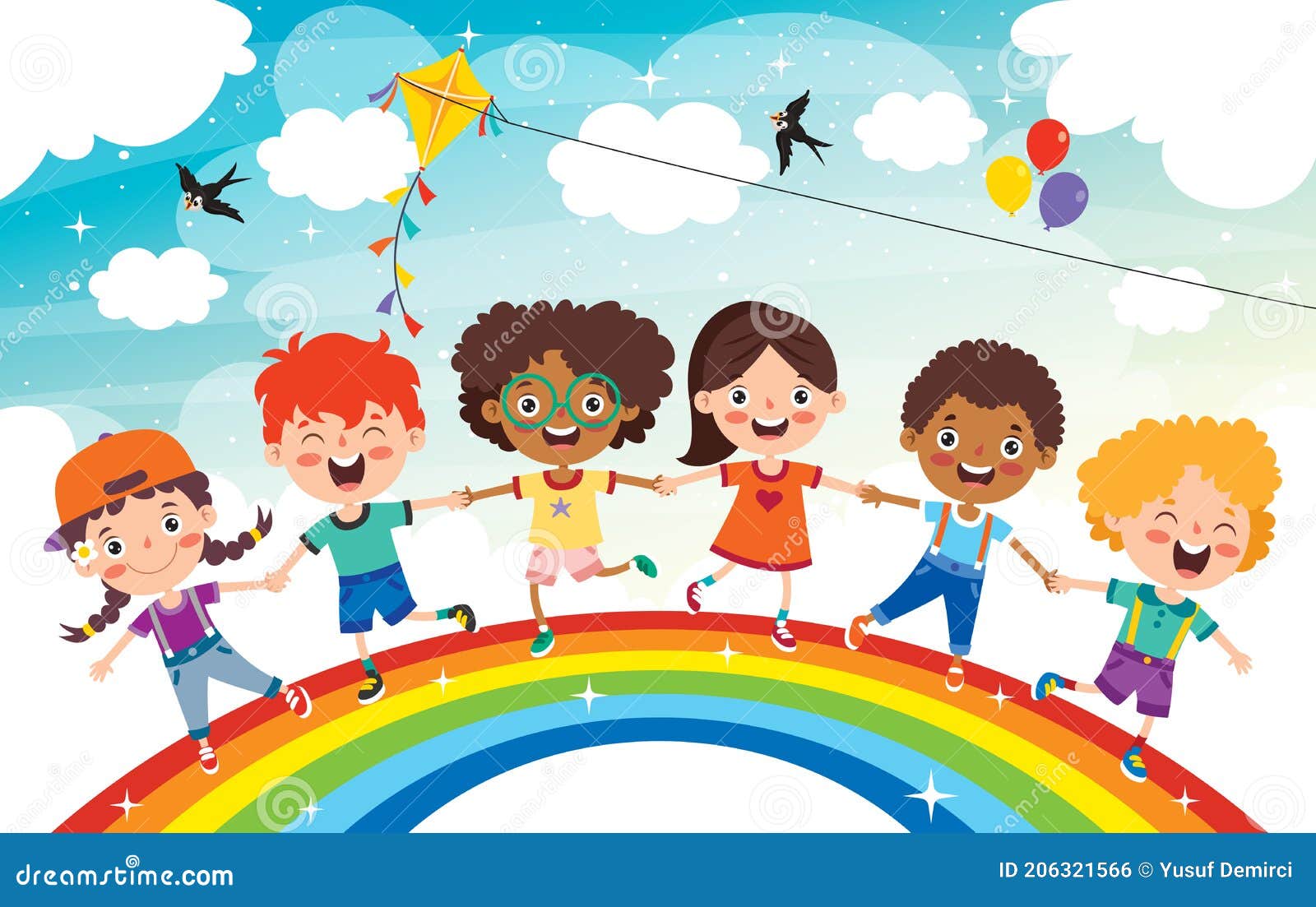 Multi Ethnic Kids Playing on Rainbow Stock Vector - Illustration of ...