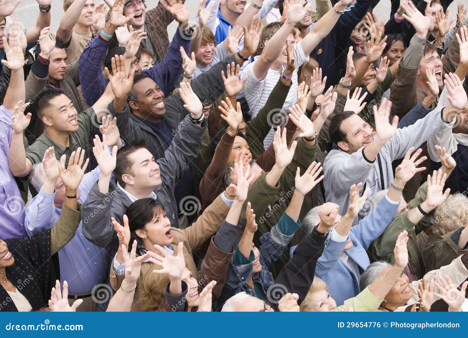 Multi Ethnic People Raising Hands Together Stock Photo - Image of ...