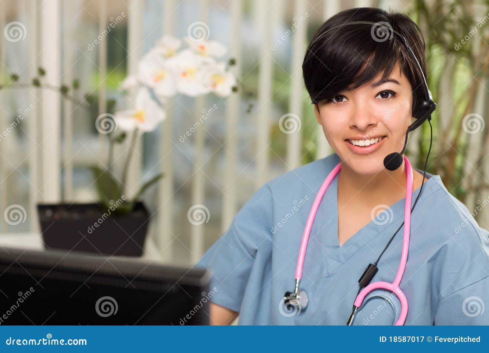 Multi-ethnic Woman Wearing Headset and Stethoscope Stock Image - Image ...