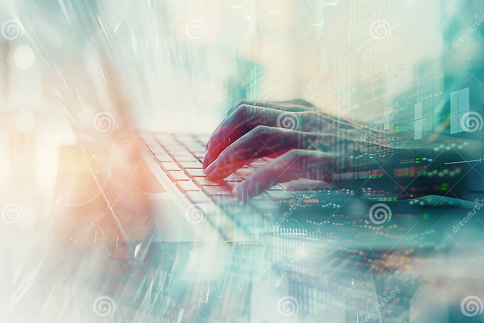 Multi Exposure of Tech Drawings with Man Working on Computer Background ...