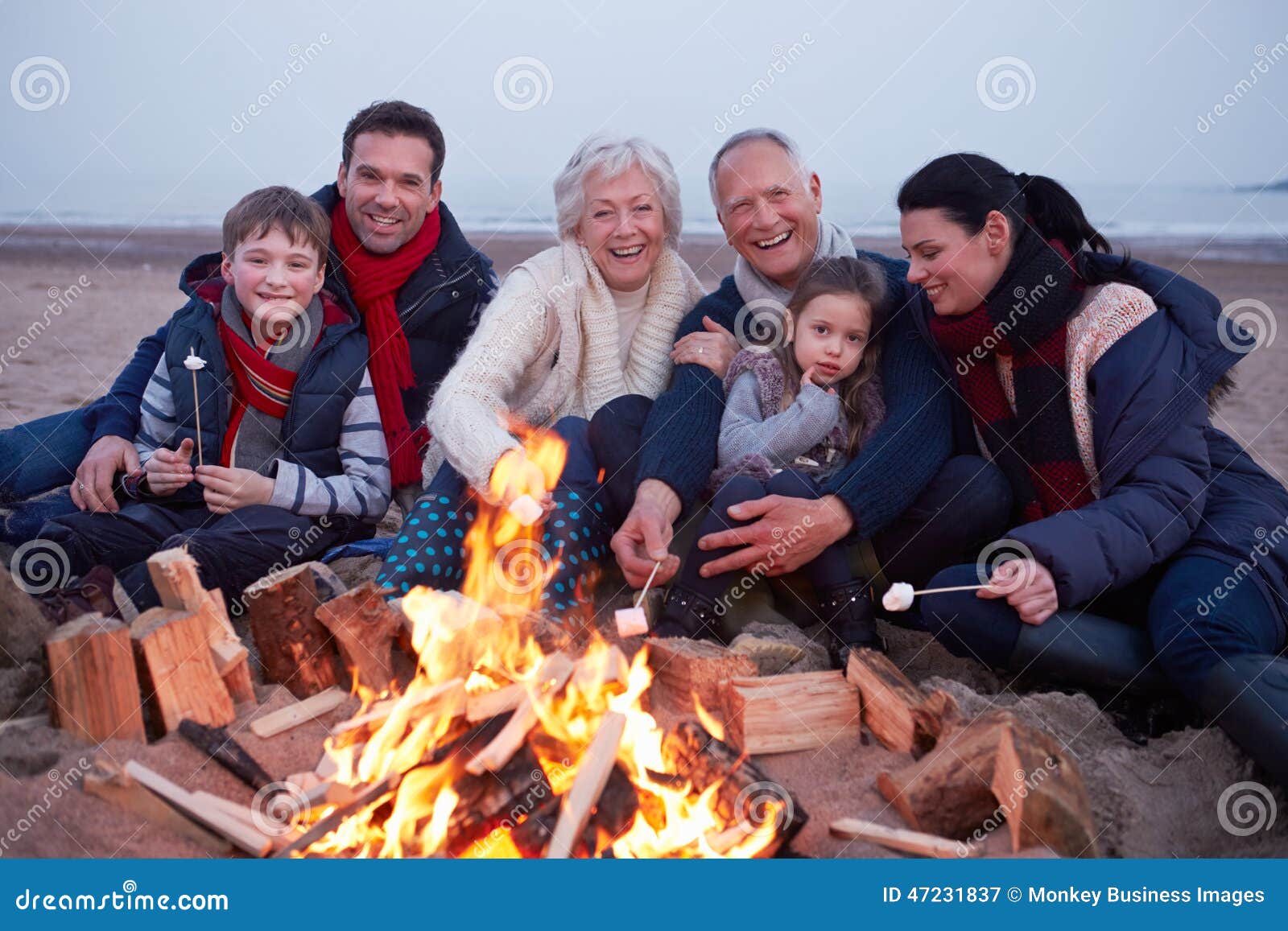 Multi Generation Family Having Barbeque on Winter Beach Stock Image ...