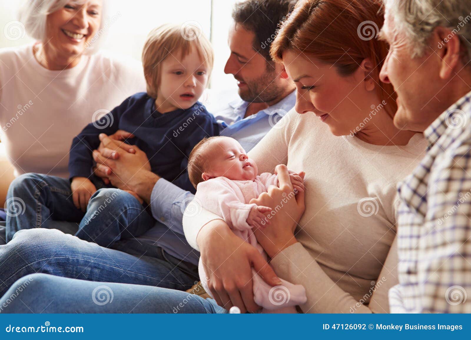 Multi Generation Family Sitting on Sofa with Newborn Baby Stock Photo ...
