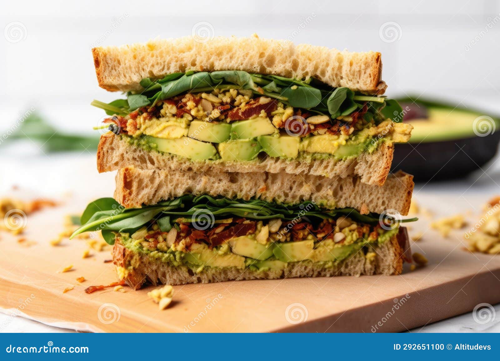 Multi-layer Avocado Sandwich with a Bite Taken Out Stock Photo - Image ...