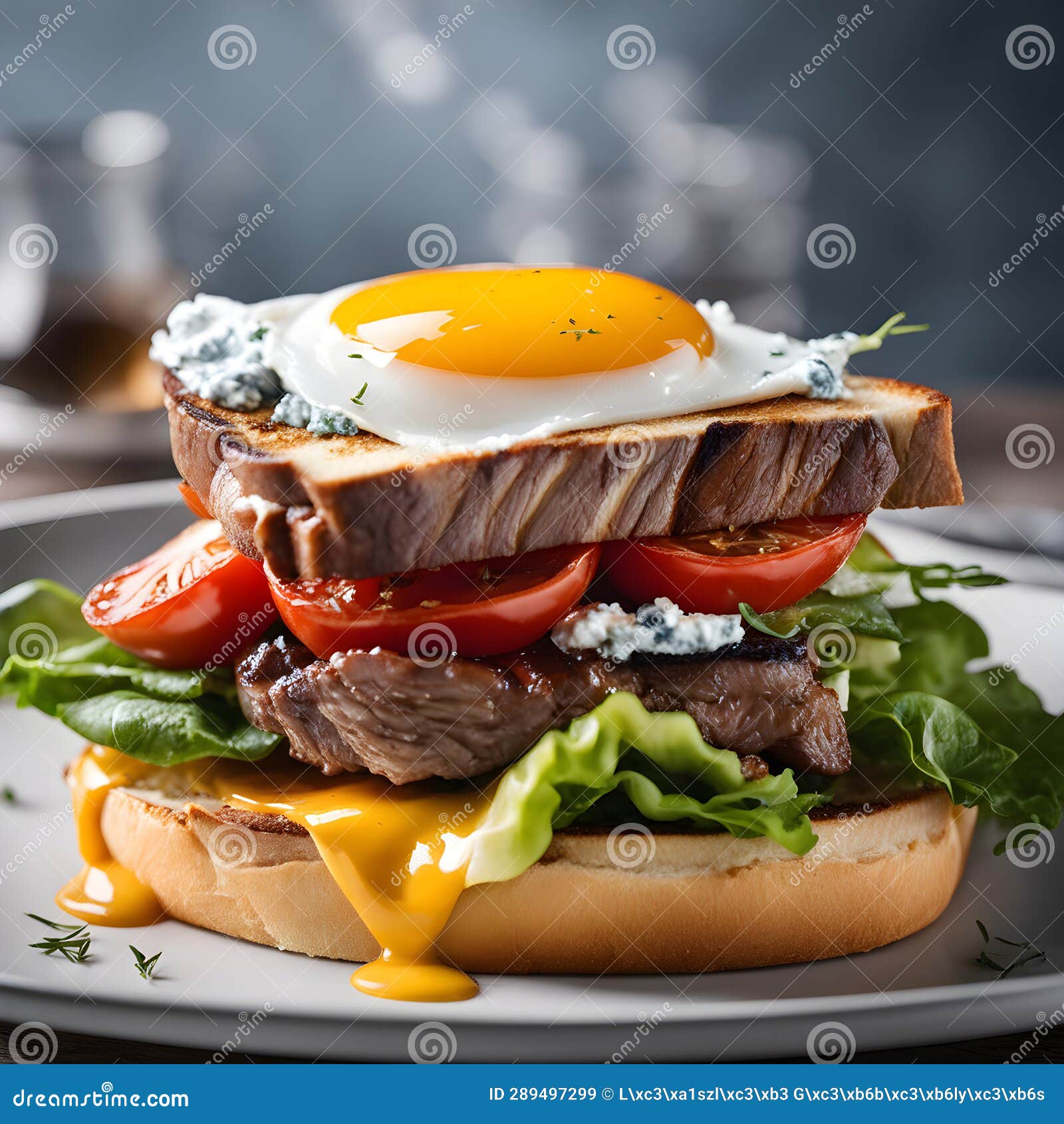 Multi-layer Sandwich with Fried Eggs and Beef Steak, Fried Tomatoes ...