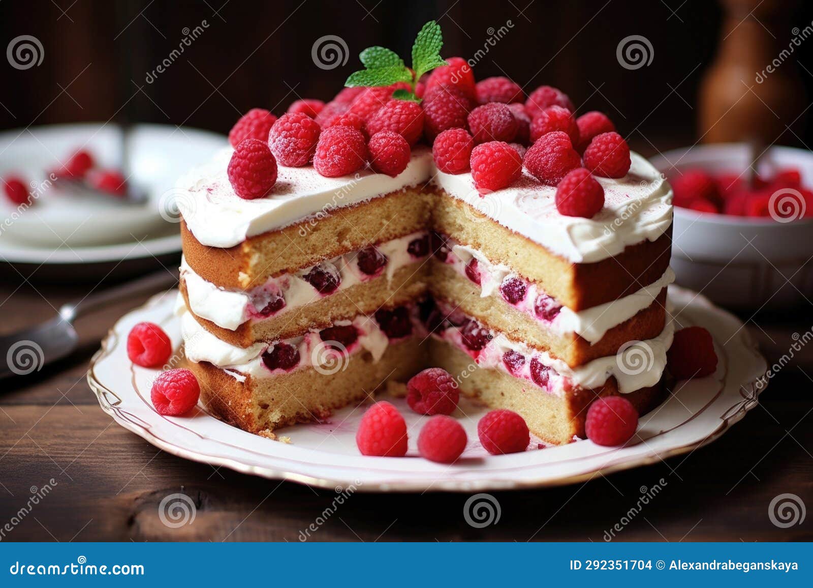 Multi-layered Sponge Cake with Raspberries and Buttercream Stock Photo ...
