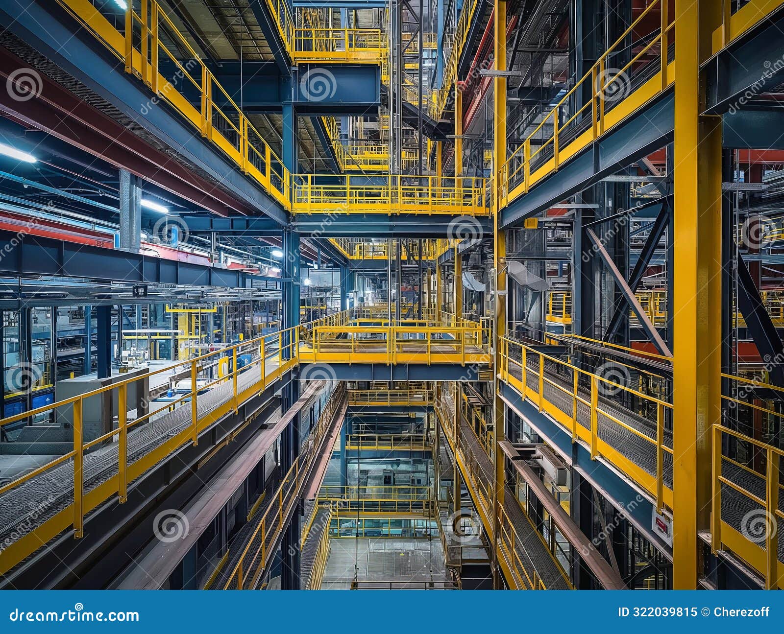 Multi-Level Industrial Facility with Yellow Railings Stock Image ...