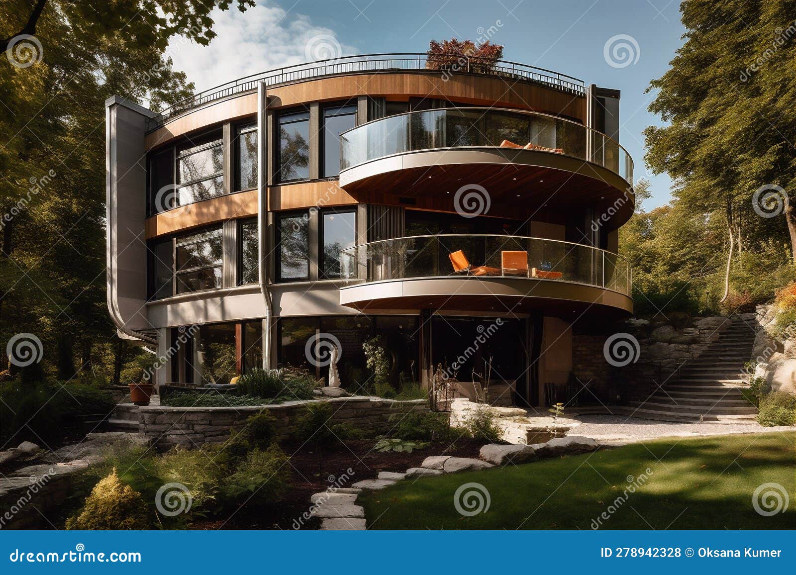 Multi Level Open Concept Modern Hose with Curved Exterior. AI Generated ...
