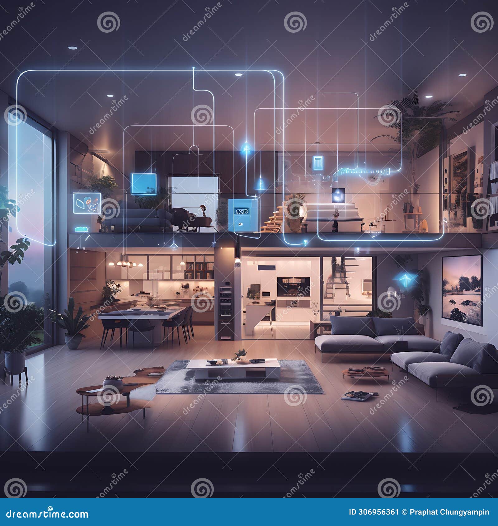 Multi-level Smart Home Interior Showcasing Connected Devices and ...