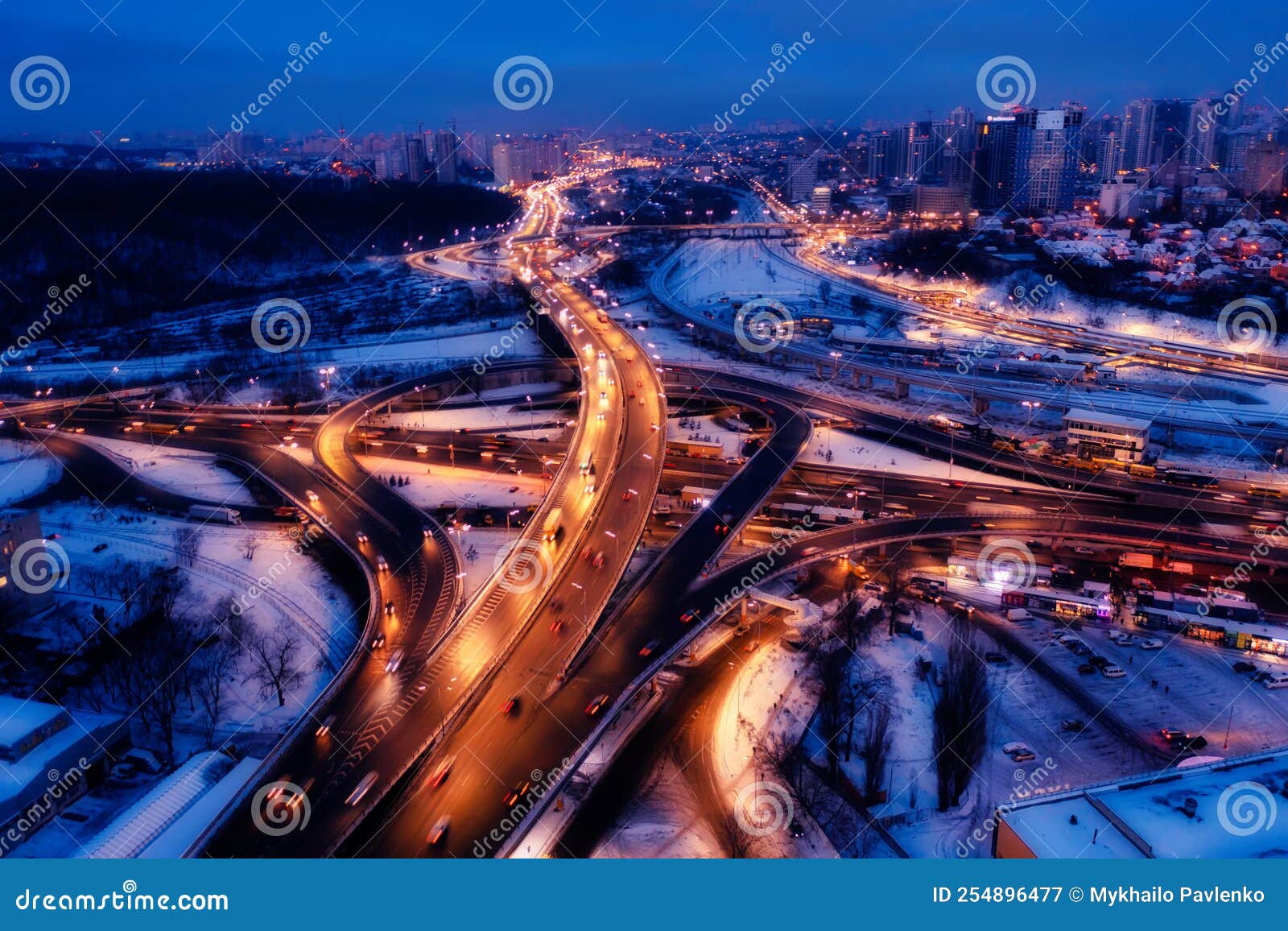 Multi-level Traffic Interchange Night Winter Drone View. Stock Image ...