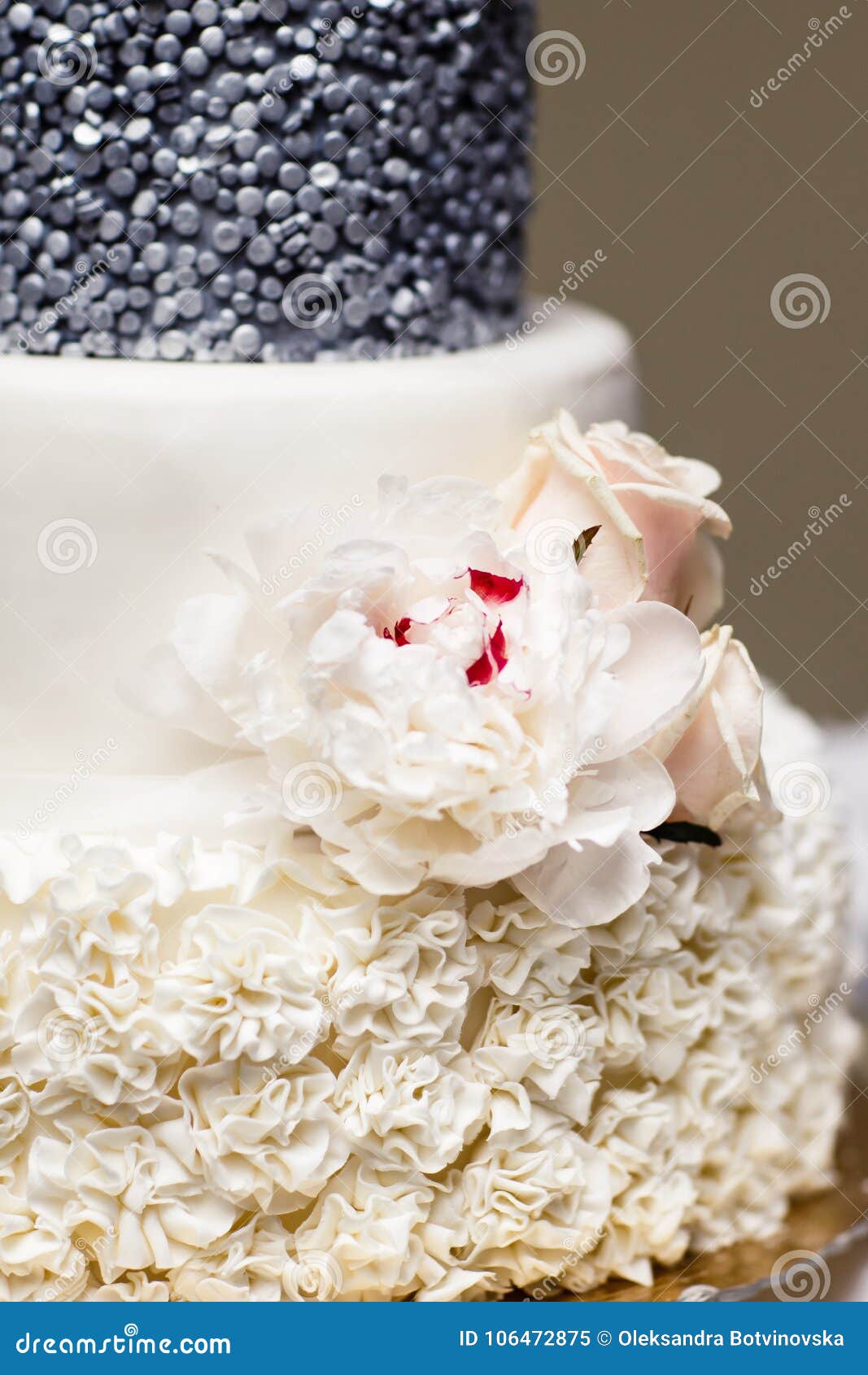 Multi Level Wedding Cake with Pink Flowers Stock Image - Image of gray ...