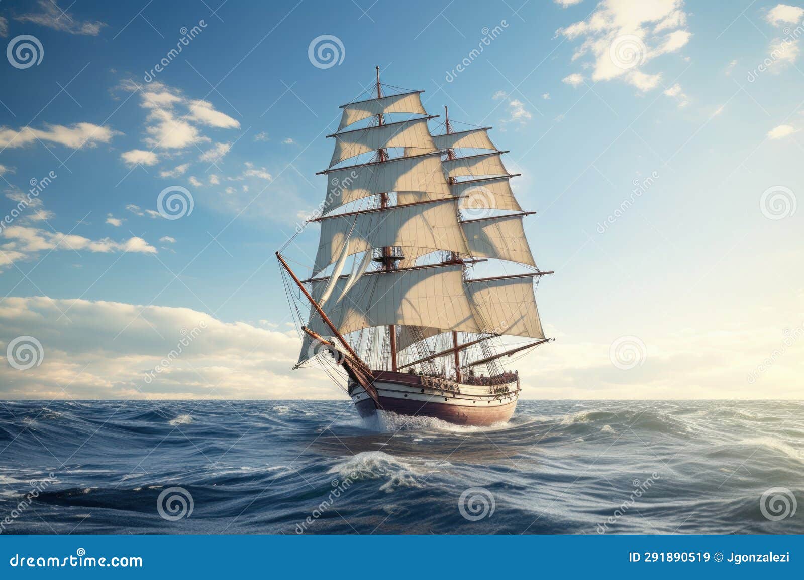 Multi-Masted Sailboat in Full Sail Stock Illustration - Illustration of ...