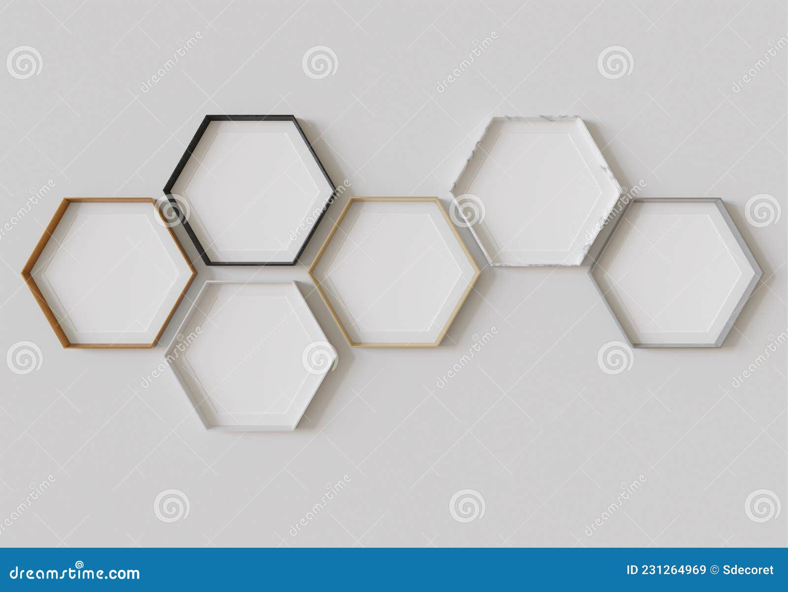 Multi Material Hexagon Blank Photo Frames Mockup Hanging on Interior ...