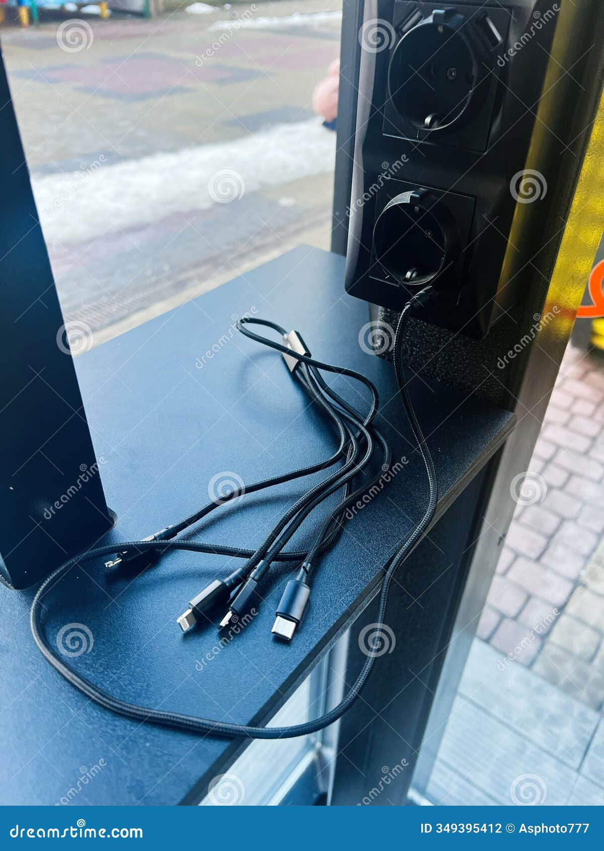 Multi-pronged Charging Cables Connected To a Power Outlet on a ...