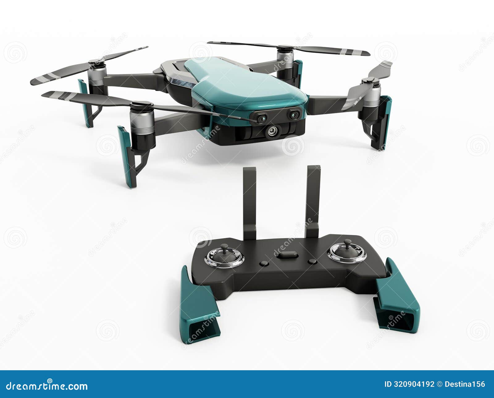 Multi Rotor Drone and Remote Control Isolated on White Background. 3D ...