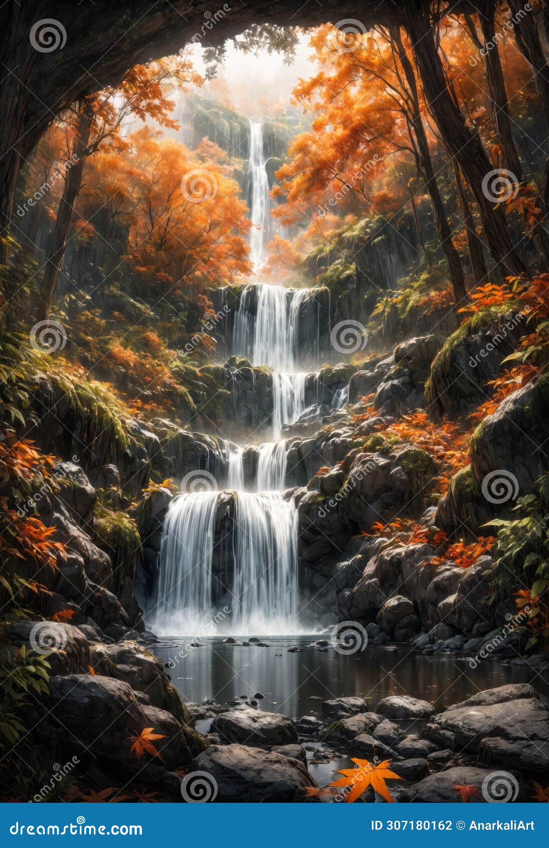 Multi Step Waterfall in Autumn Foliage. AI Generated Stock Illustration ...