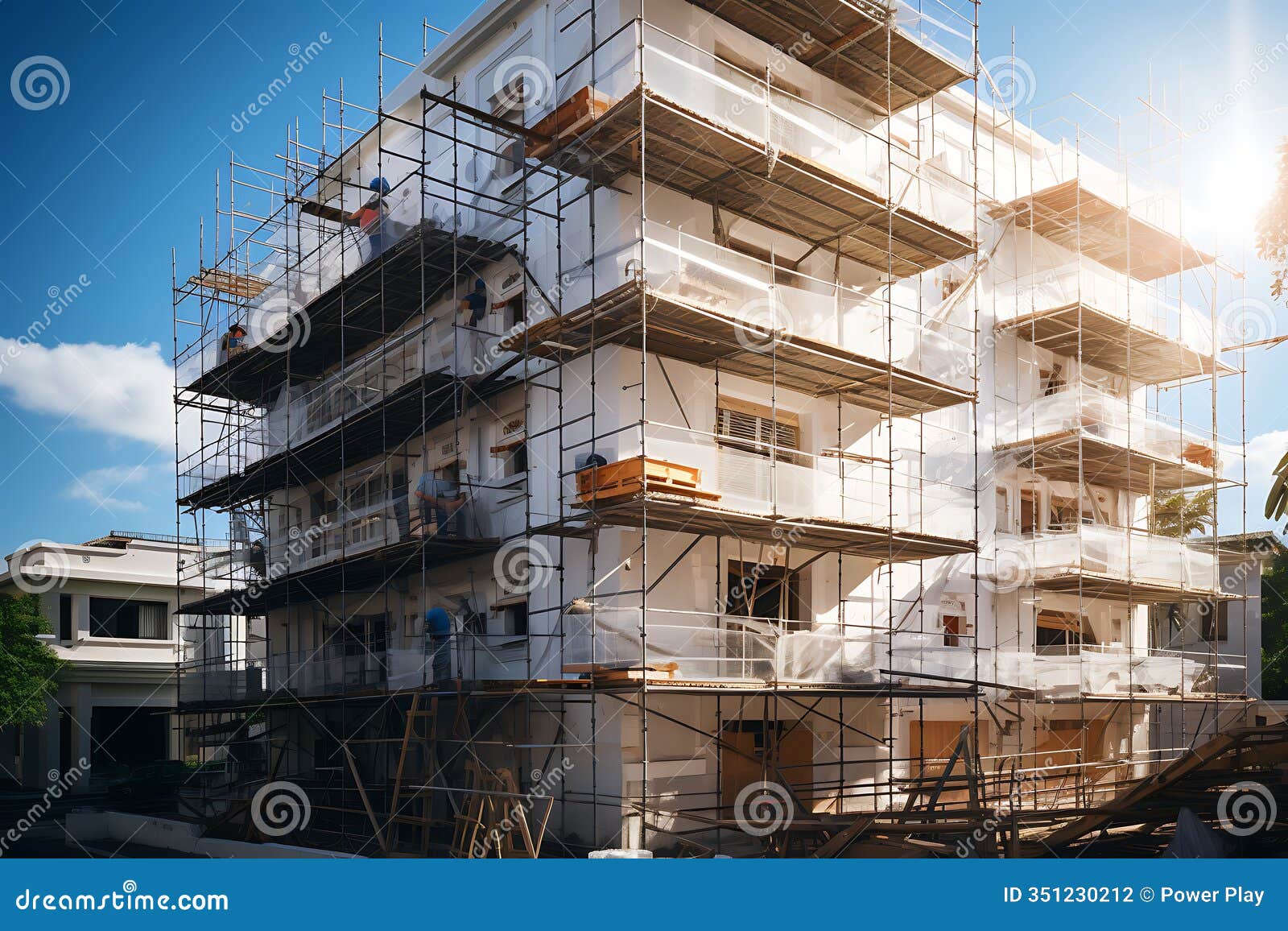 Multi-storey Building Under Construction with Scaffolding and Workers ...