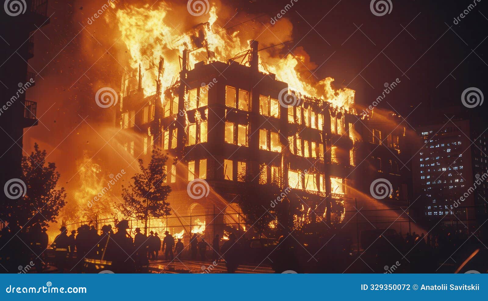 A Multi-story Building is Engulfed in Flames while Firefighters ...