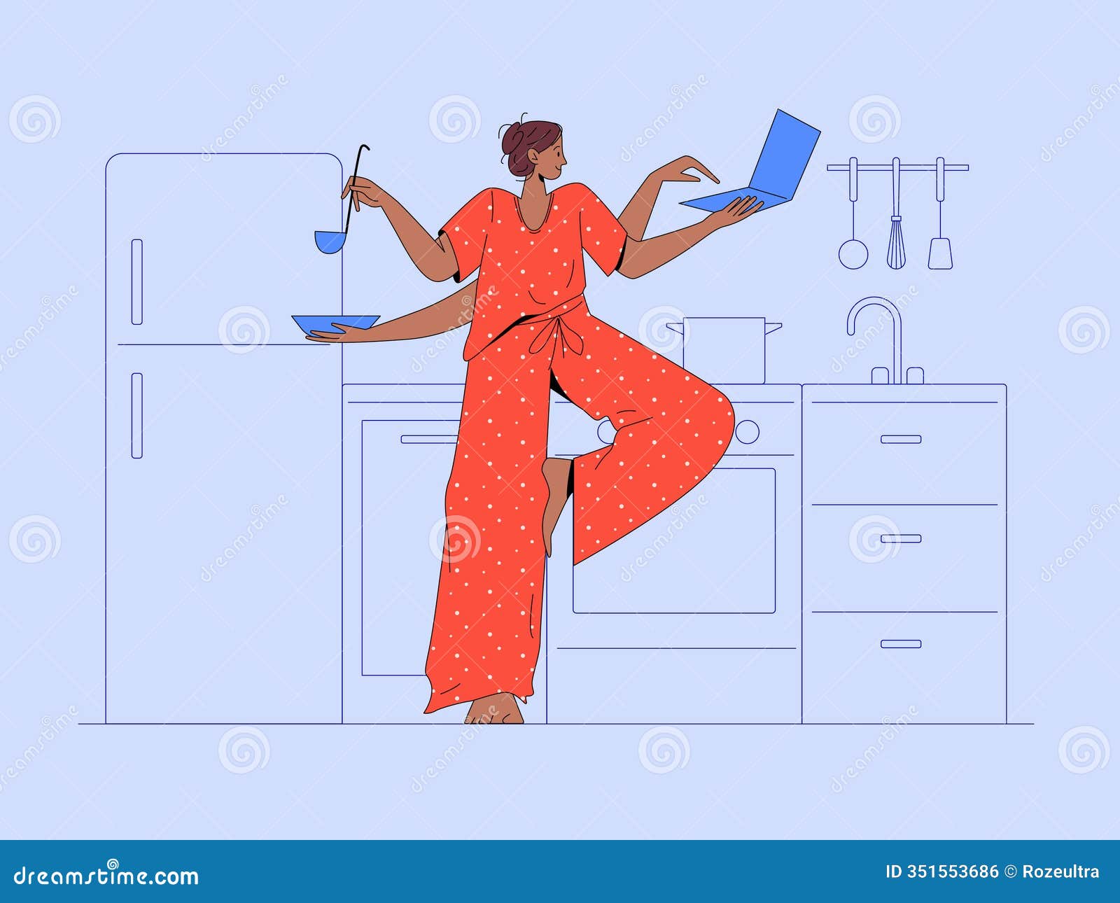 Multi-Tasking Woman in Kitchen Flat Vector Illustration Stock ...