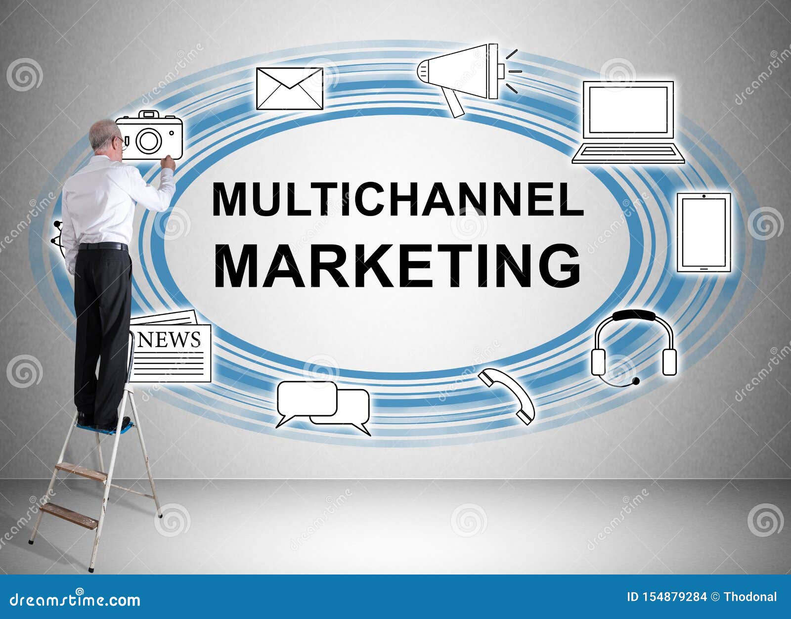 Multichannel Marketing Concept Drawn by a Man on a Ladder Stock Photo ...