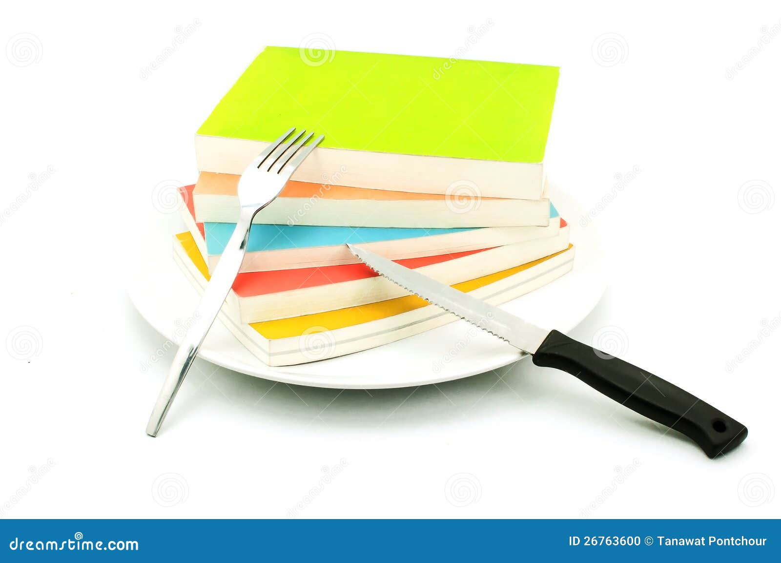 Multicolor Books on a Plate Stock Photo - Image of fork, exam: 26763600