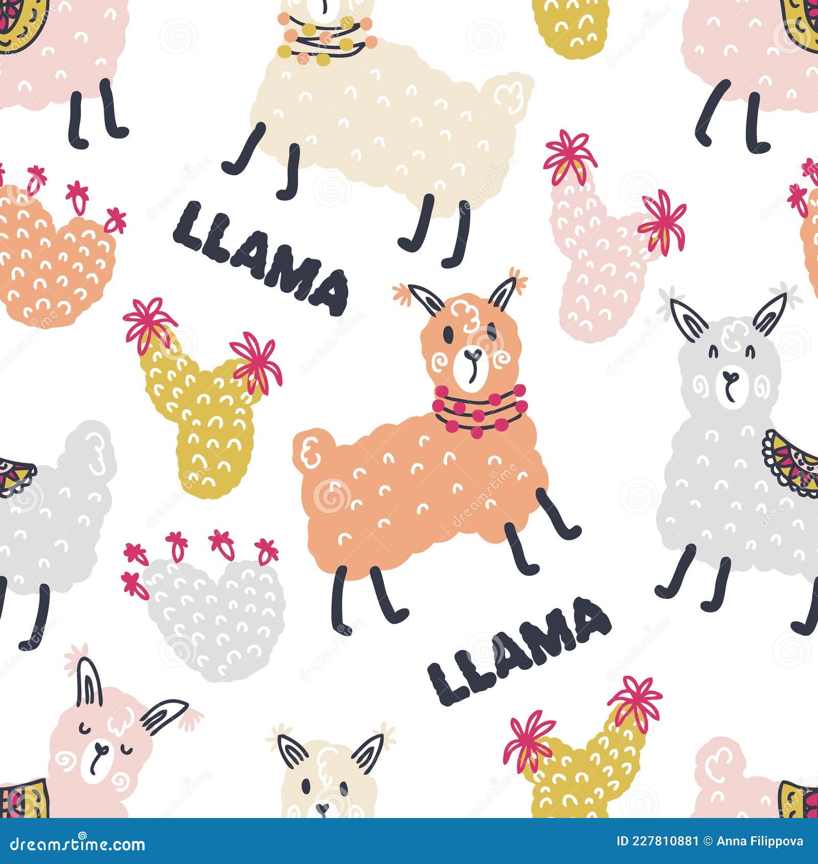 Multicolor Bright Summer Seamless Pattern of Lamas, Cactuses and Text ...