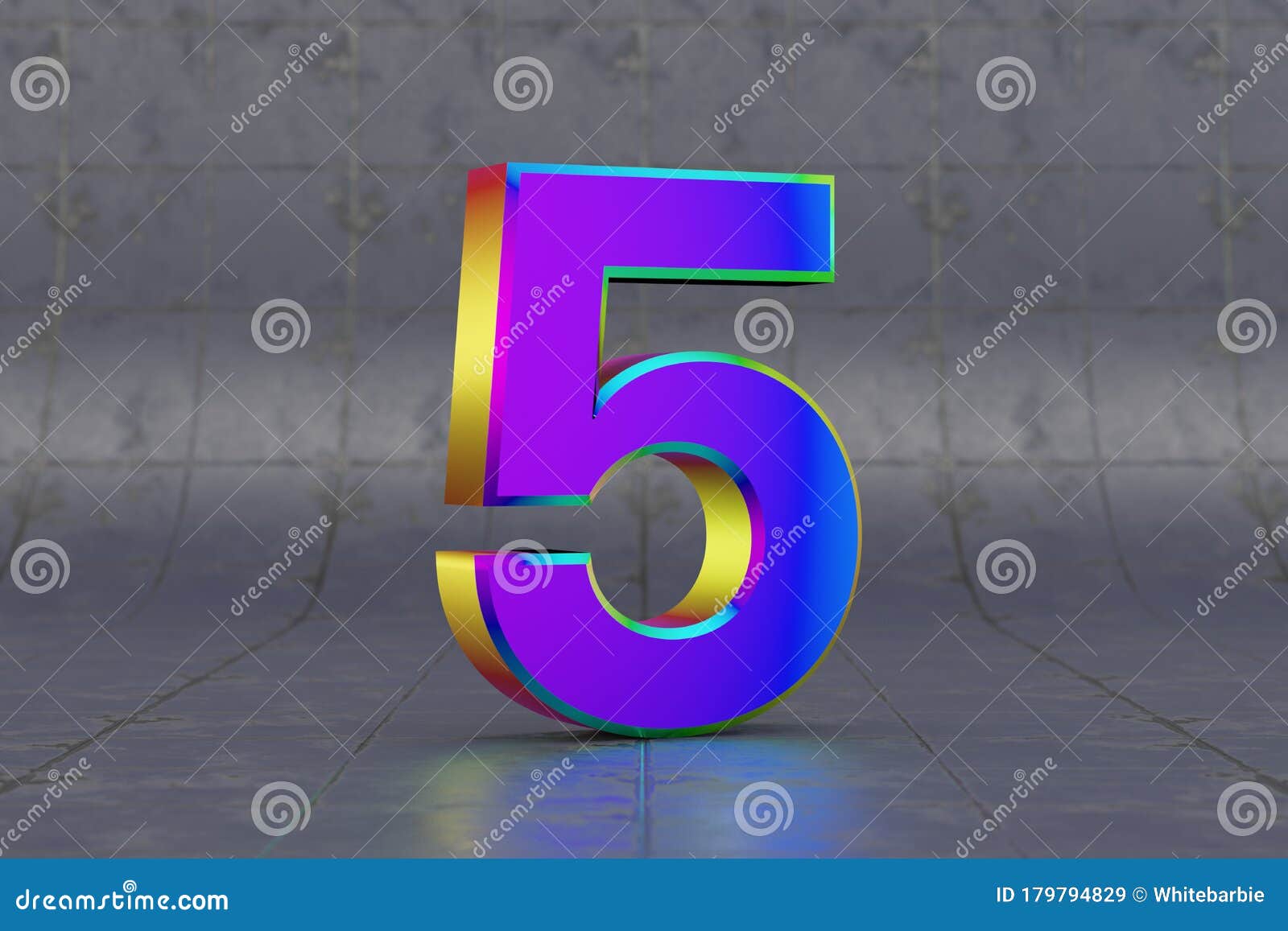 Multicolor 3d Number 5. Glossy Iridescent Number on Tile Background. 3d ...