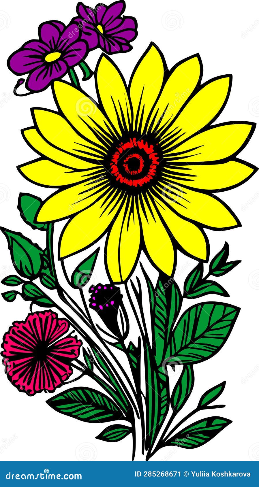 Multicolor Drawing of a Bouquet of Wild Flowers with a Black Outline ...