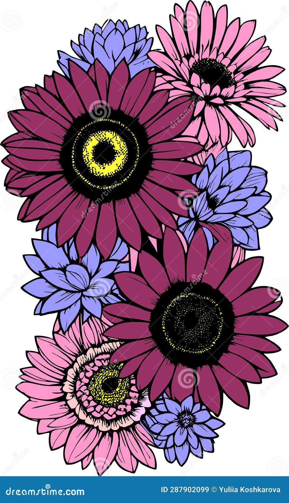 Multicolor Drawing of a Bouquet of Wild Flowers with a Black Outline ...