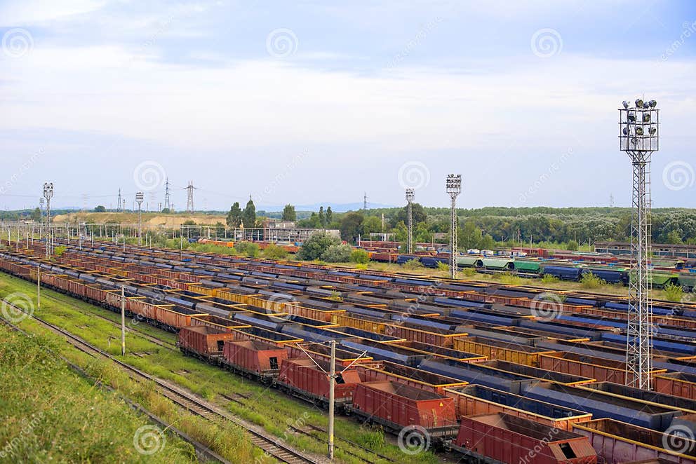 Multicolor Freight Trains on City Cargo Terminal. Stock Image - Image ...